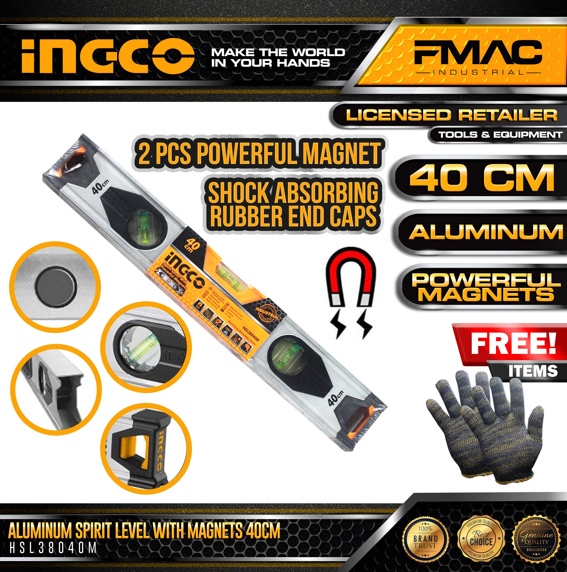 INGCO Aluminum Spirit Level with Magnets 40cm HSL38040M + FREEBIES FMAC ...