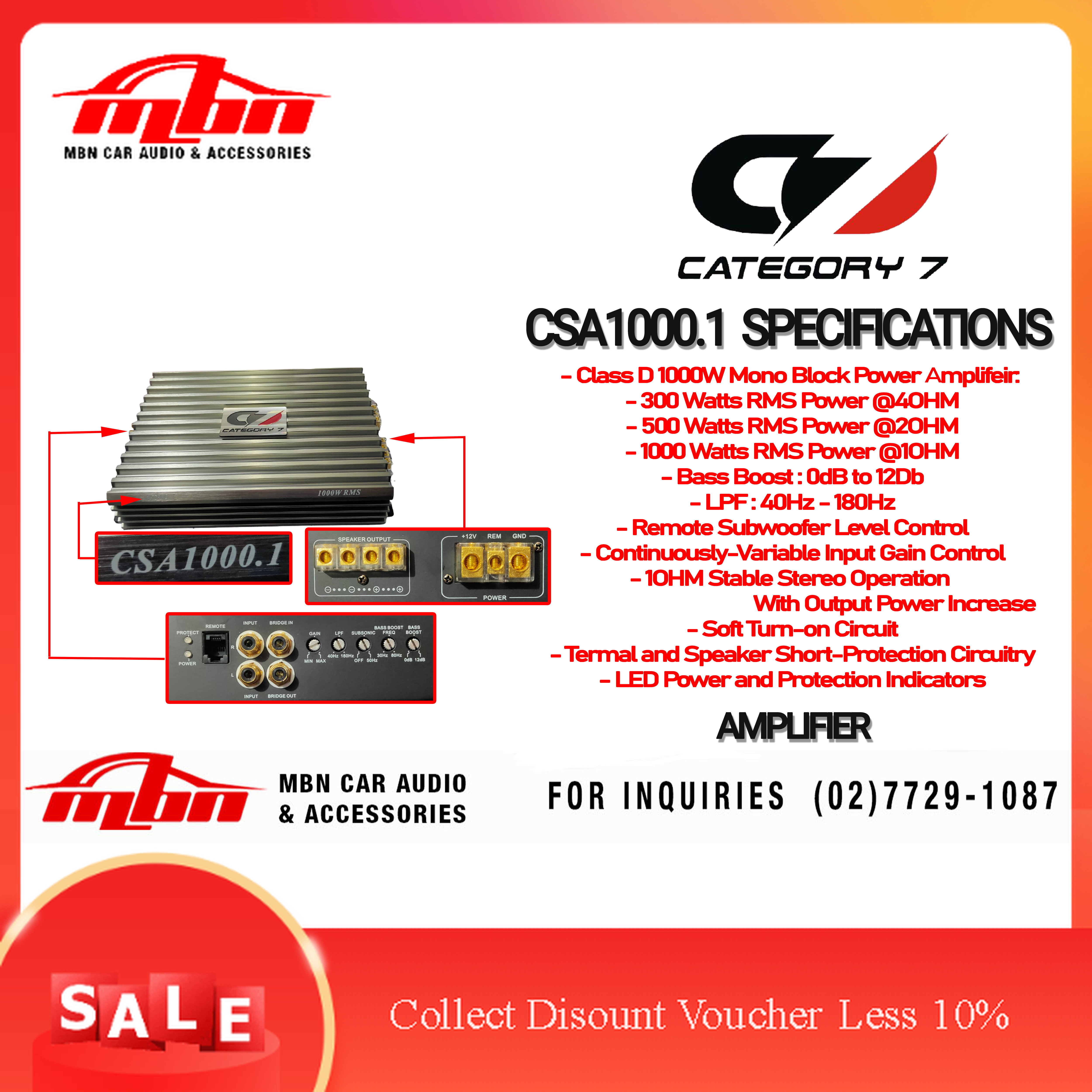 CSA1000.1 Category 7 Class D Mono Amplifier 1 x 1000Wrms, Car Audio ...