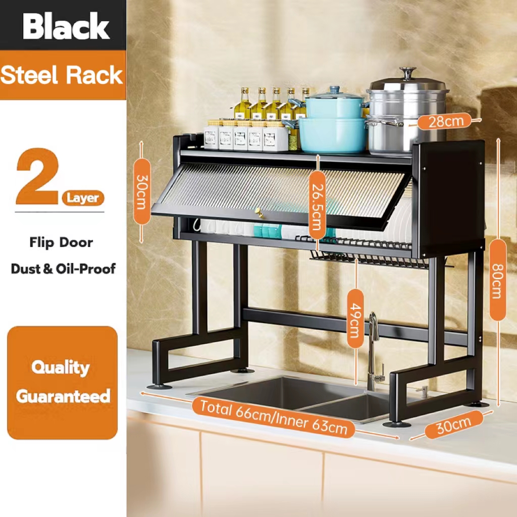 Kitchen Cabinet Dish Rack Shelf 3 Tiers With Door And Drainer Enclosed ...