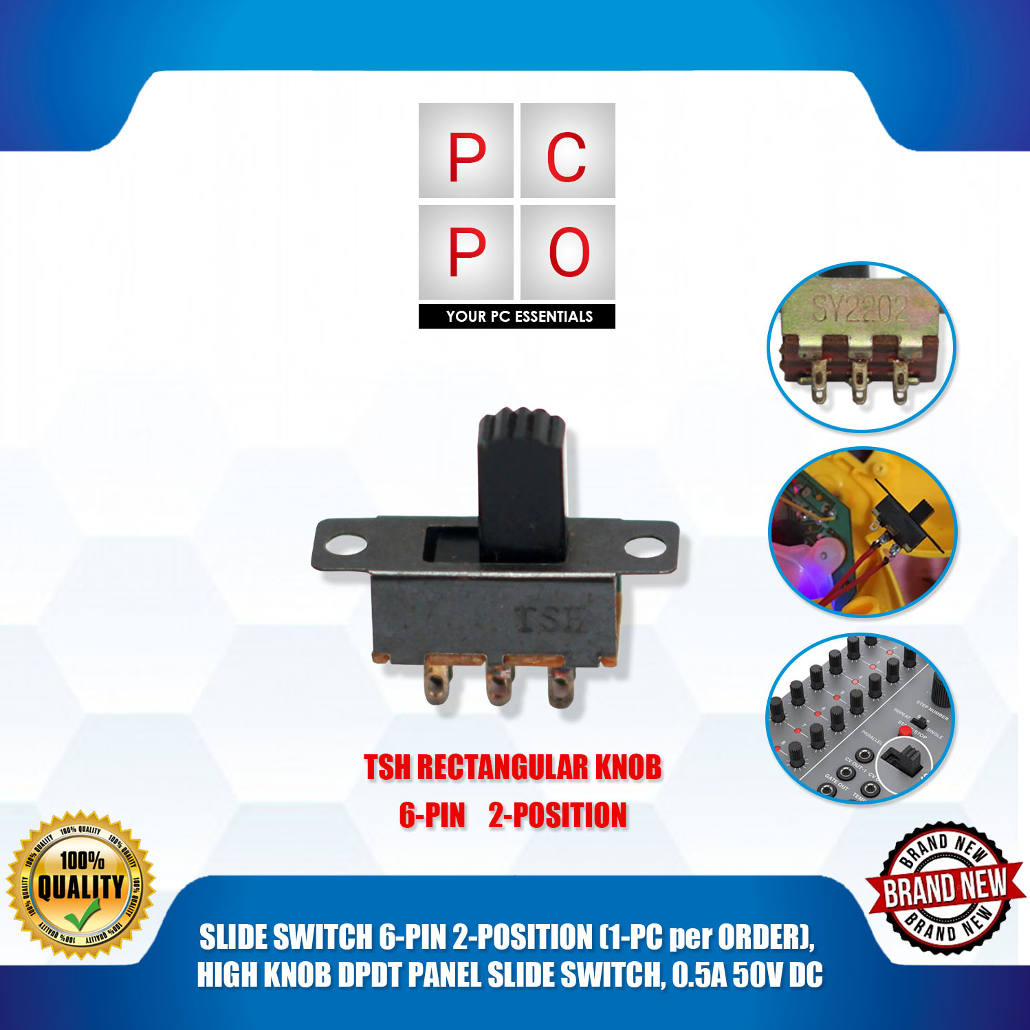 SLIDE SWITCH 6-PIN 2-POSITION (1-PC per ORDER), HIGH KNOB DPDT PANEL SLIDE SWITCH, 0.5A 50V DC ...