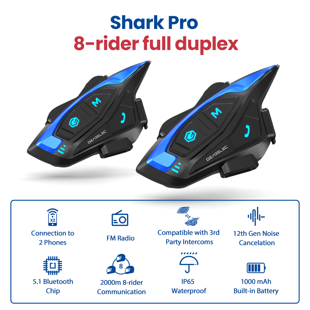 🦈 GEARELEC Shark Pro Bluetooth 5.1 Motorcycle Helmet Intercom 8 Riders ...