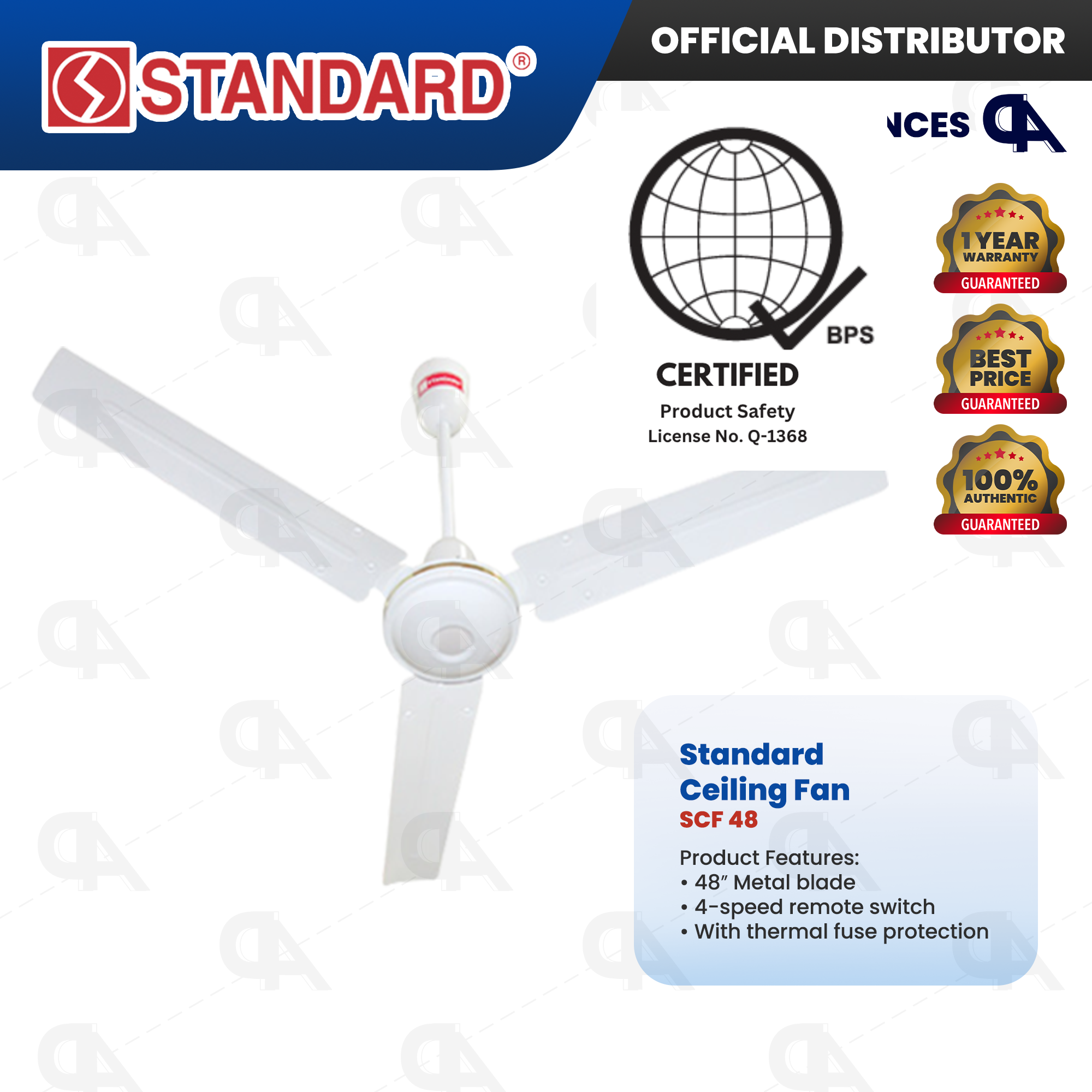 Standard Ceiling Fan 48 Inches Metal Blade Original 1 Year Warranty SCF ...