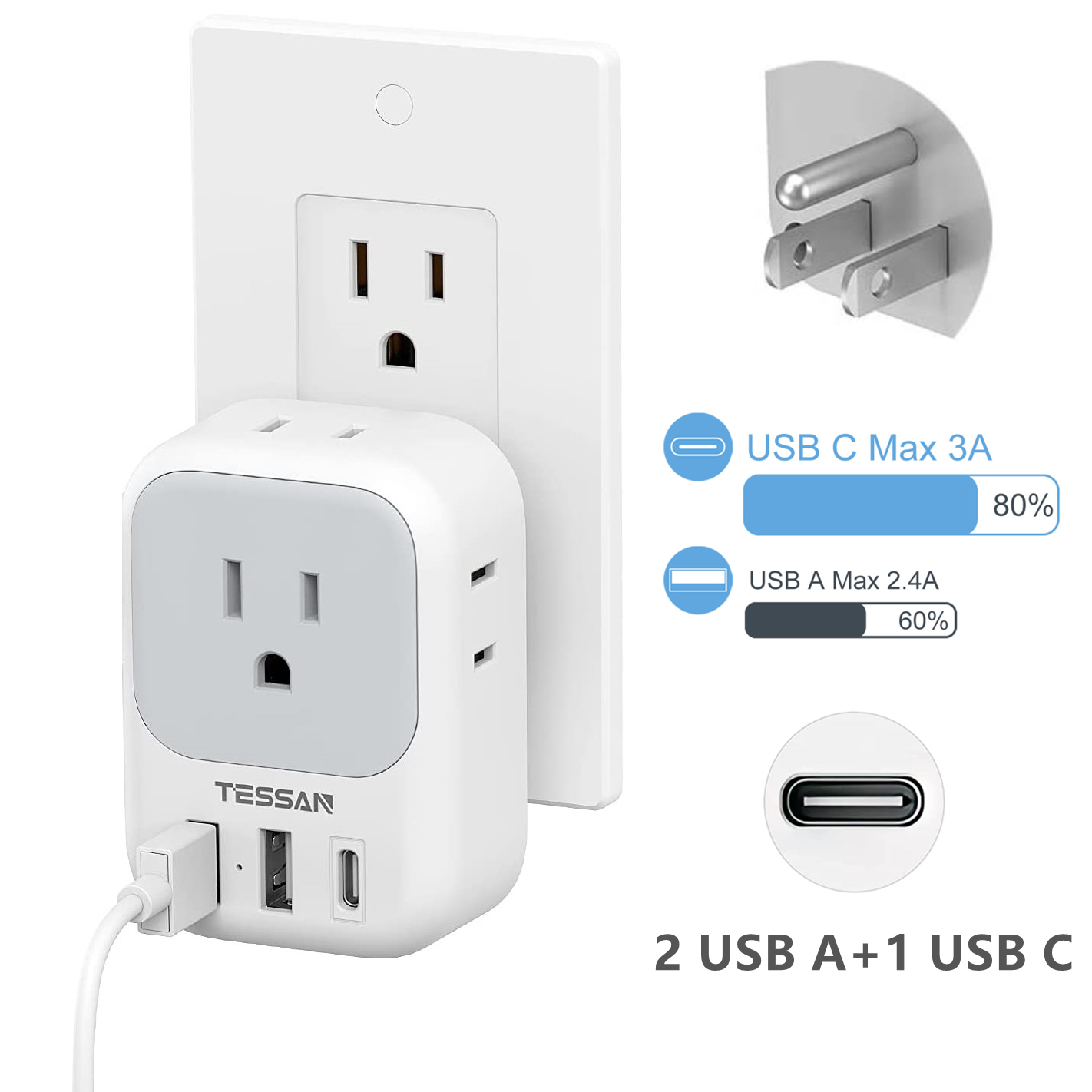3 Strong Plug Extension Outlet Expender USB C Charger,USB Plug Type C ...