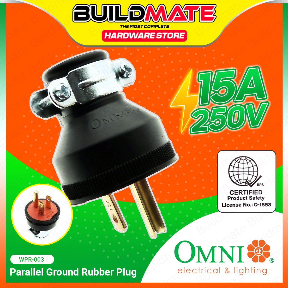 BUILDMATE Omni Parallel Ground Rubber Plug 15A 125V Heavy Duty Power ...