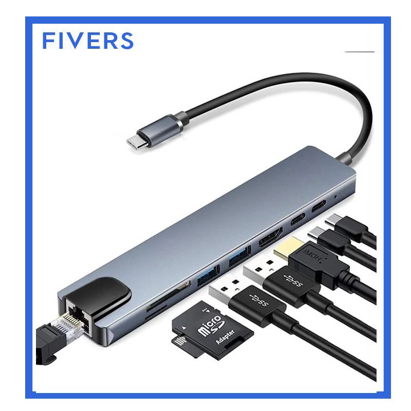 8 in 1 type C Adapter Hub Dongle with Ethernet, HDMI 4K, 2 USB, USB C ...