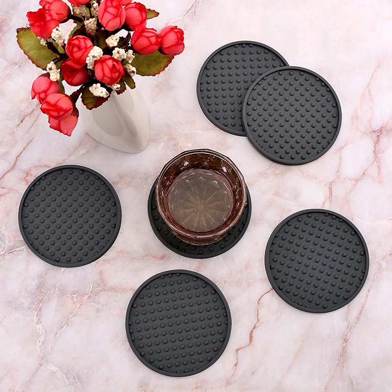 Black Round Silicone Rubber Drink Coasters (Set of 6) Non-Slip Perfect ...