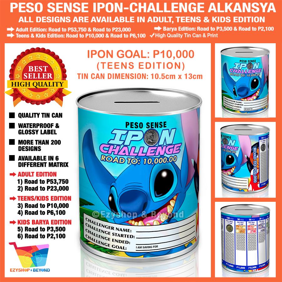Stitch-3 Design PESO SENSE Ipon Challenge Alkansya Tin Can Coin bank ...