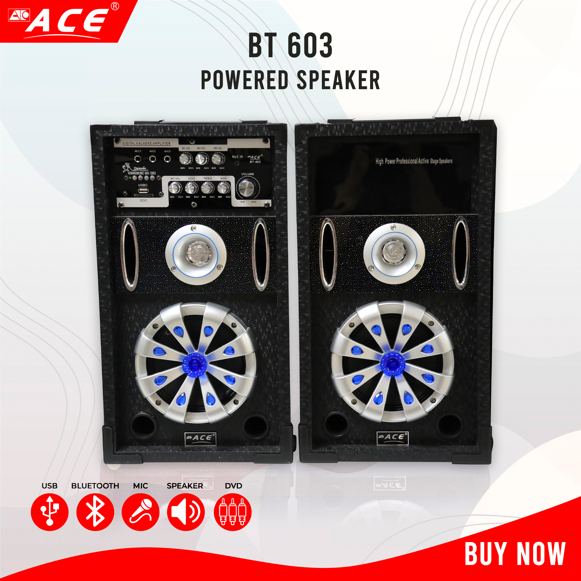 ACE BT-603 6.5" HIGH POWER PROFESSIONAL SUB-WOOFER SPEAKER AMPLIFIER ...
