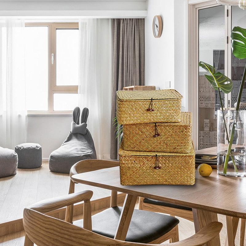 Handmade Straw Woven Storage Basket with Lid Makeup Organizer Storage ...