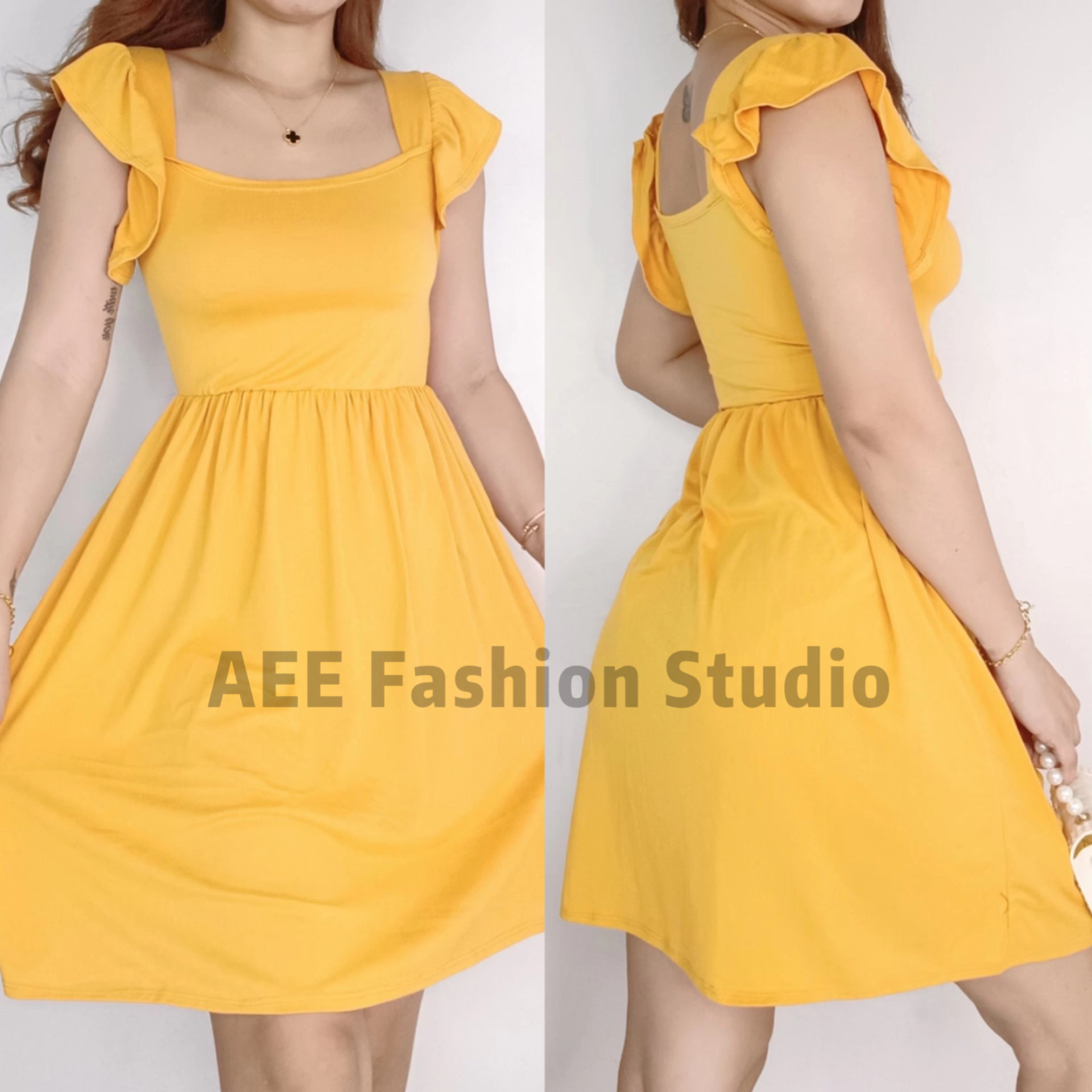 AEE Ladies Ruffle Sleeve Trendy Dress Square Neck Elegant Dress Summer ...