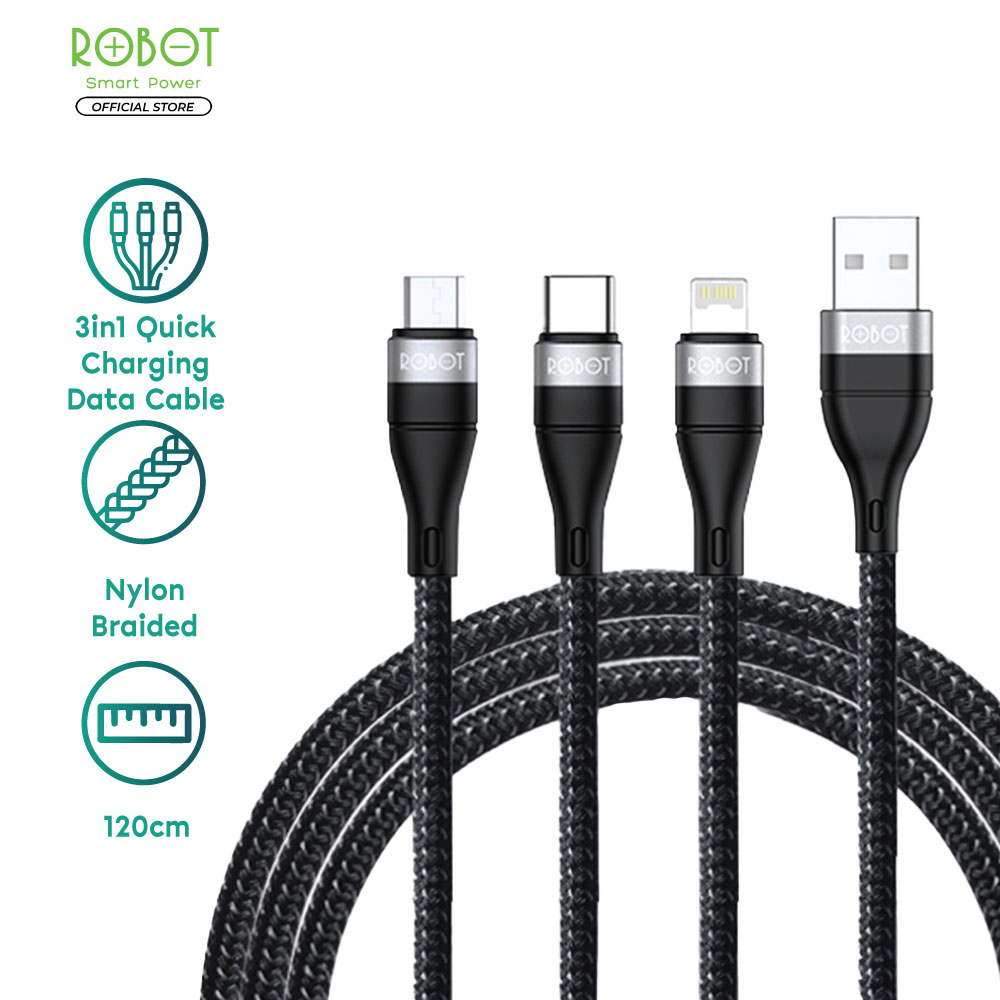ROBOT 3 in 1 Micro Type-C Lightning to 3A Charging Cable Data Cable USB ...