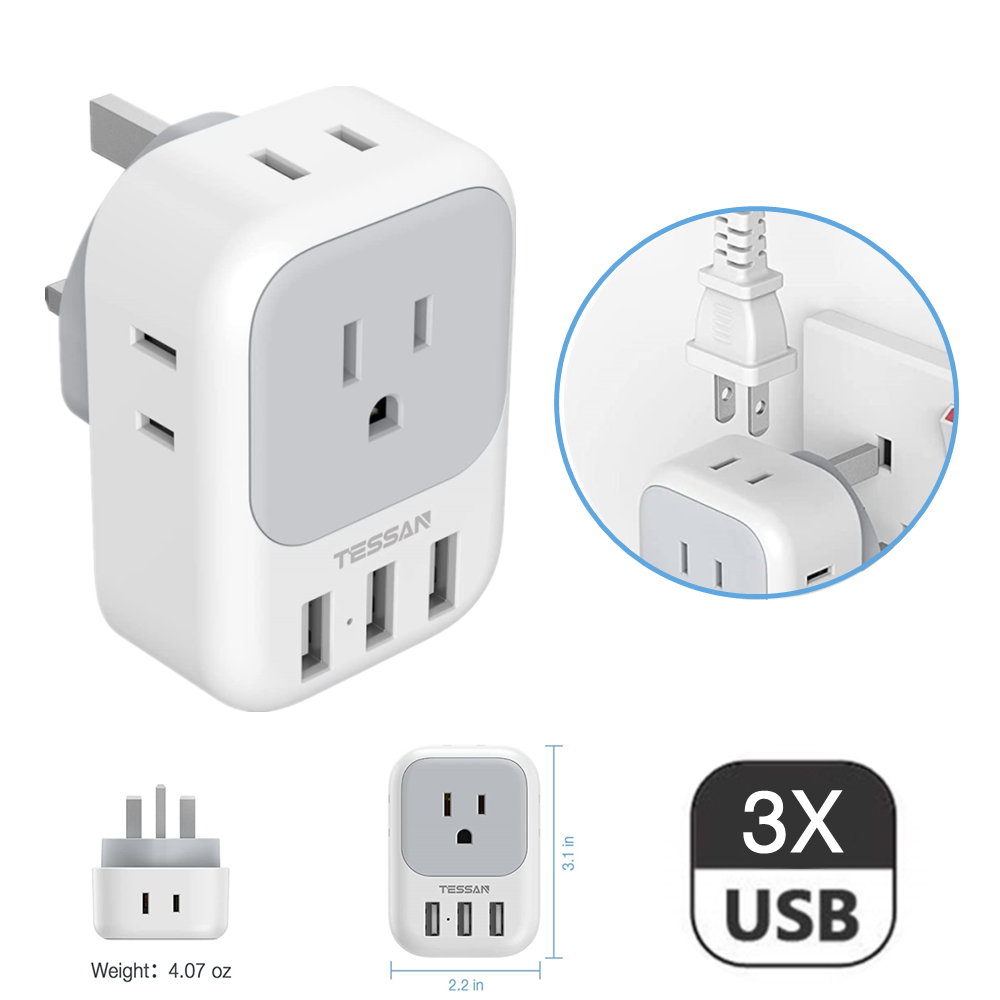 Travel Adapter Philippines to UK Plug Adapter with 3 USB, TESSAN Type G ...