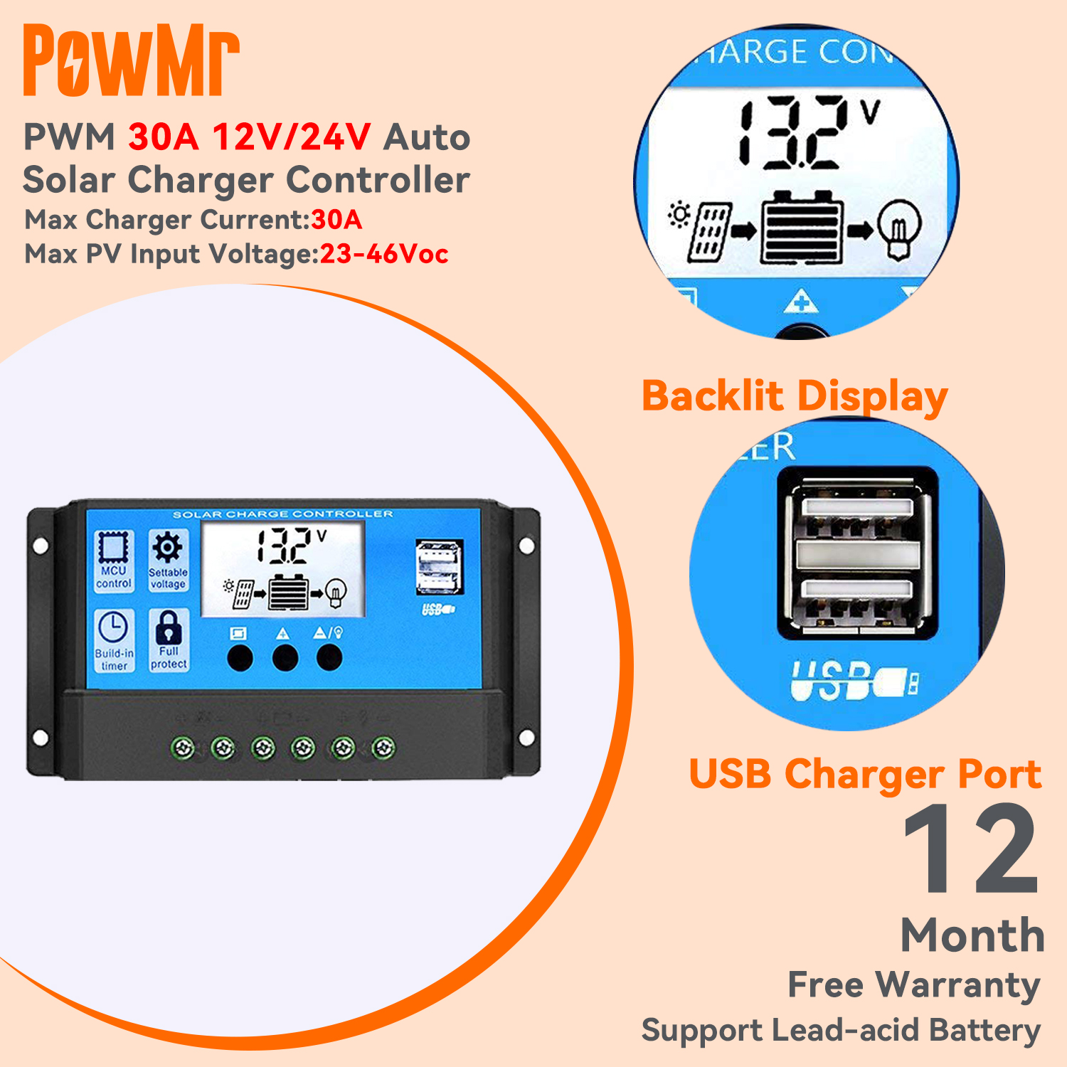 PowMr 10A 20A 30A PWM Solar Controller 12V 24V LCD Display Auto with Dual 5V USB Solar Charge ...