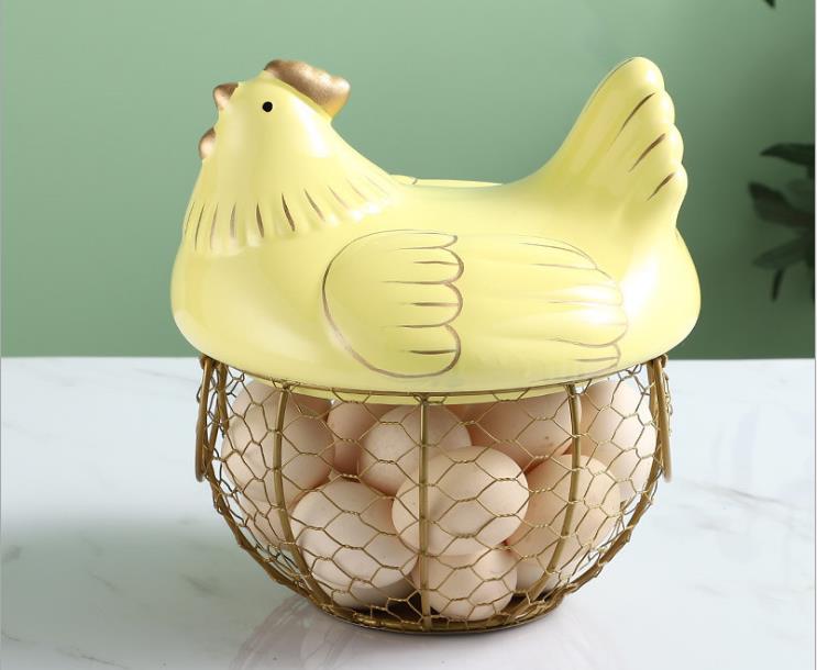 Large Stainless Steel Mesh Wire Egg Storage Basket with Ceramic Farm ...