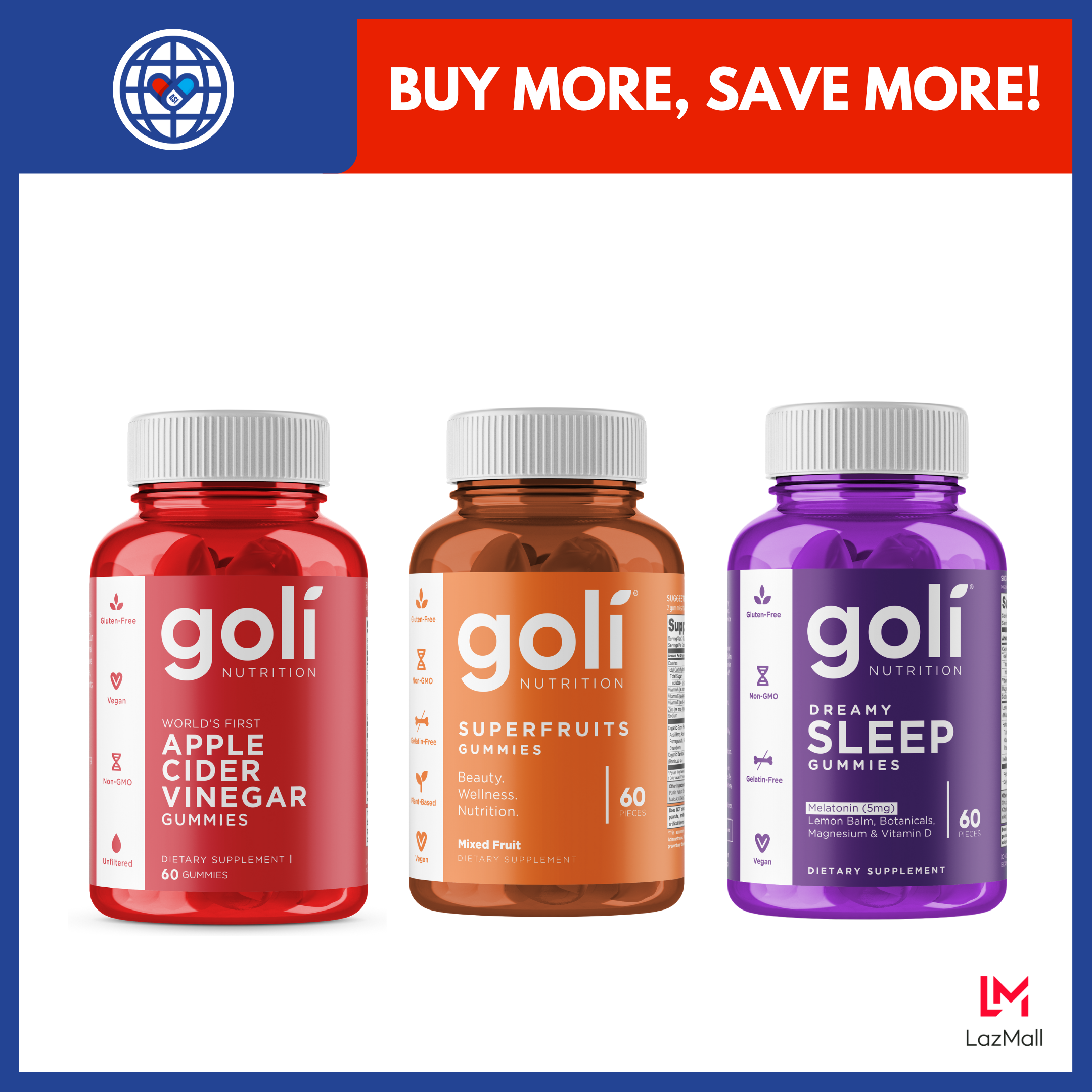 Goli 3 Pack BUNDLE Apple Cider Vinegar Superfruits Dreamy Sleep 60 ...