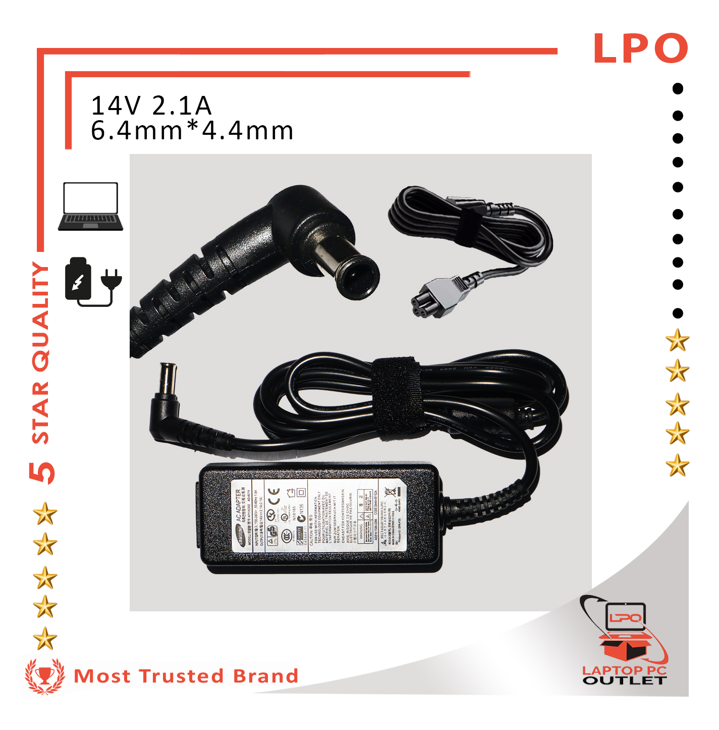 LPO Laptop Charger Adapter 14V 2.1A 30W Circle Pin 6.4mm x 4.4mm for ...