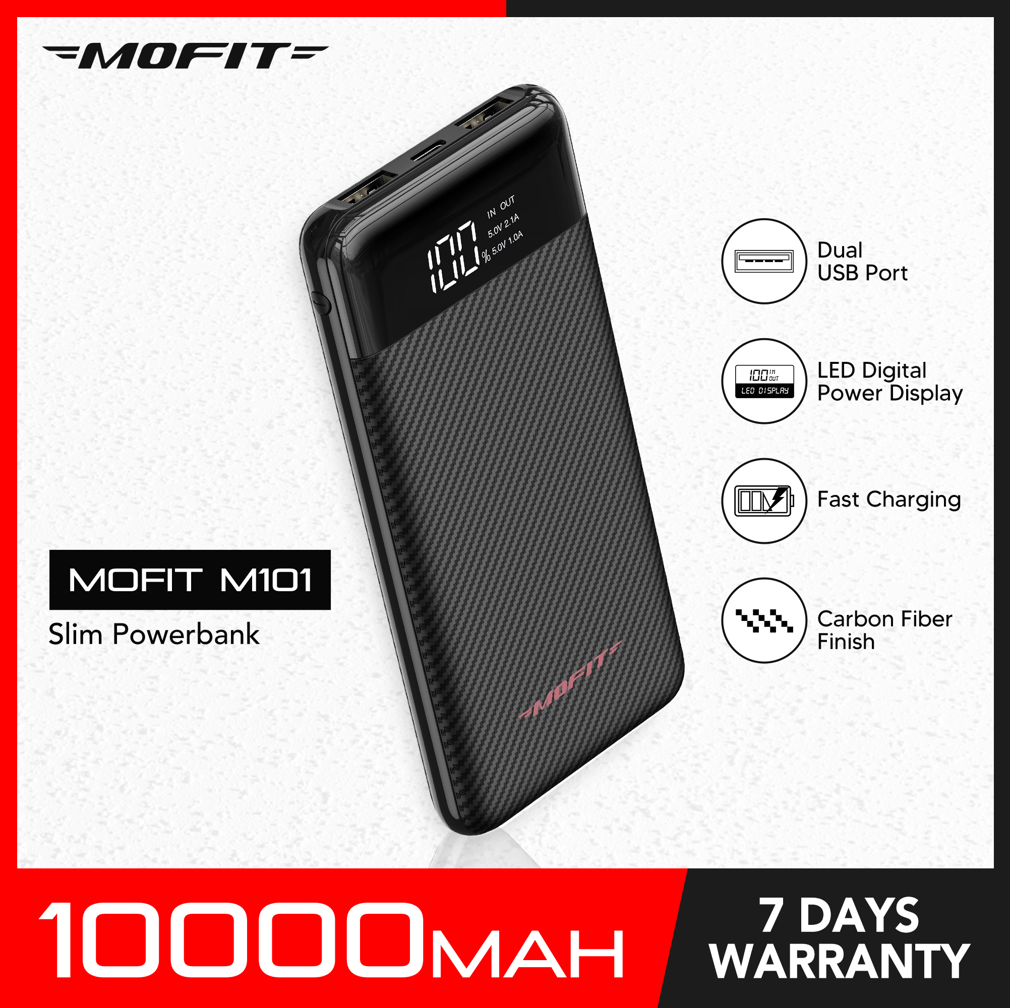 MOFIT M101 10000mAh Lightweight Power Bank with LED Digital Display and ...