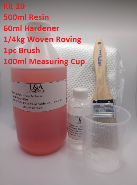 Fiberglass Premix Resin (B) Kit 10 - 500ml Resin, 60ml Hardener, 1/4kg Woven Roving , 1pc Brush ...