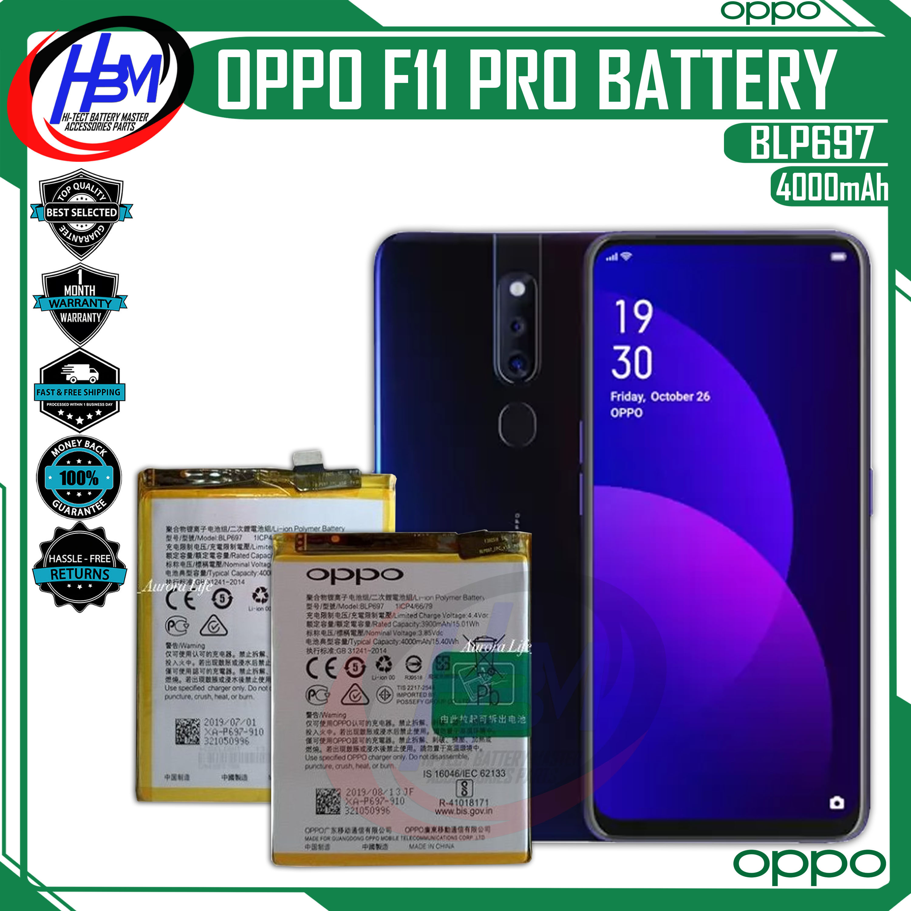 Oppo F11 Pro Battery Li-ion Polymer Model:BLP697 100%Original Equipment ...