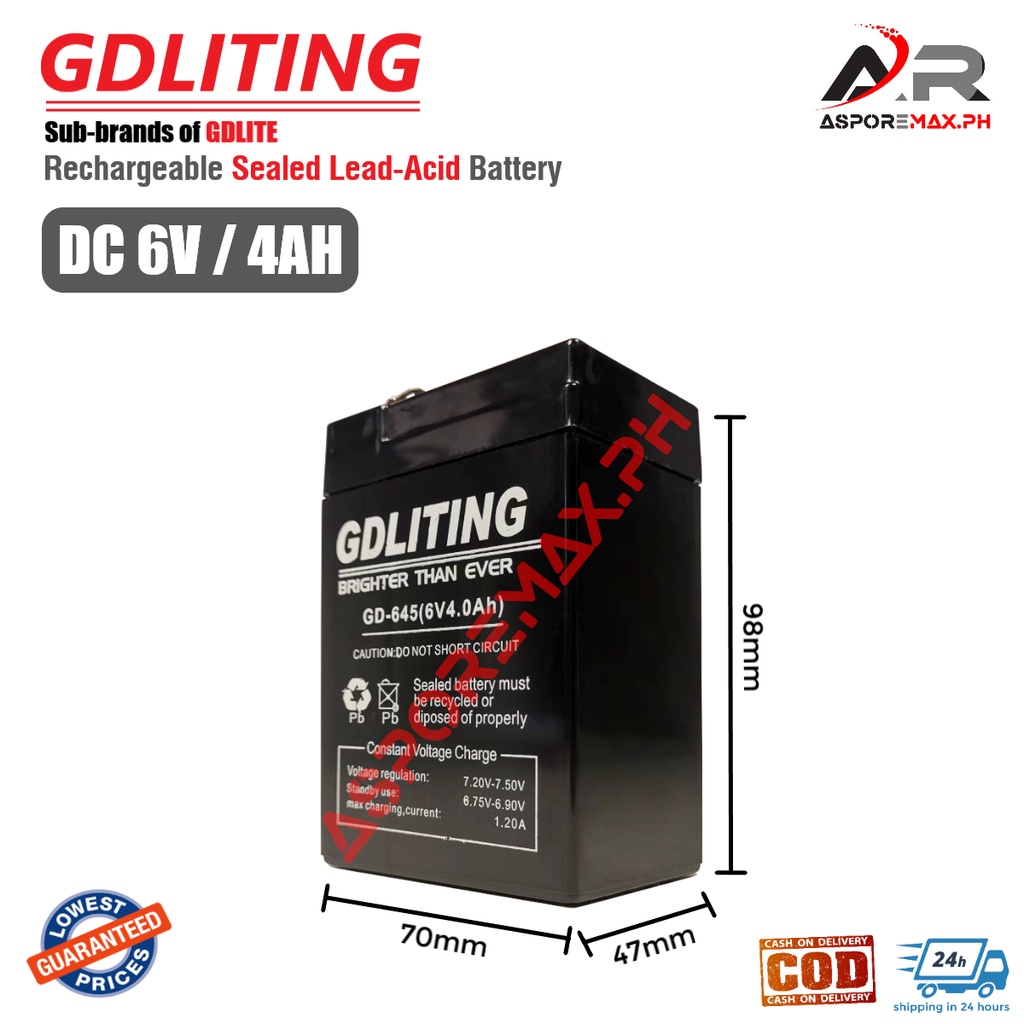 GDLITING DC 6V 4AH Rechargeable Sealed Lead-Acid Battery COD | Lazada PH