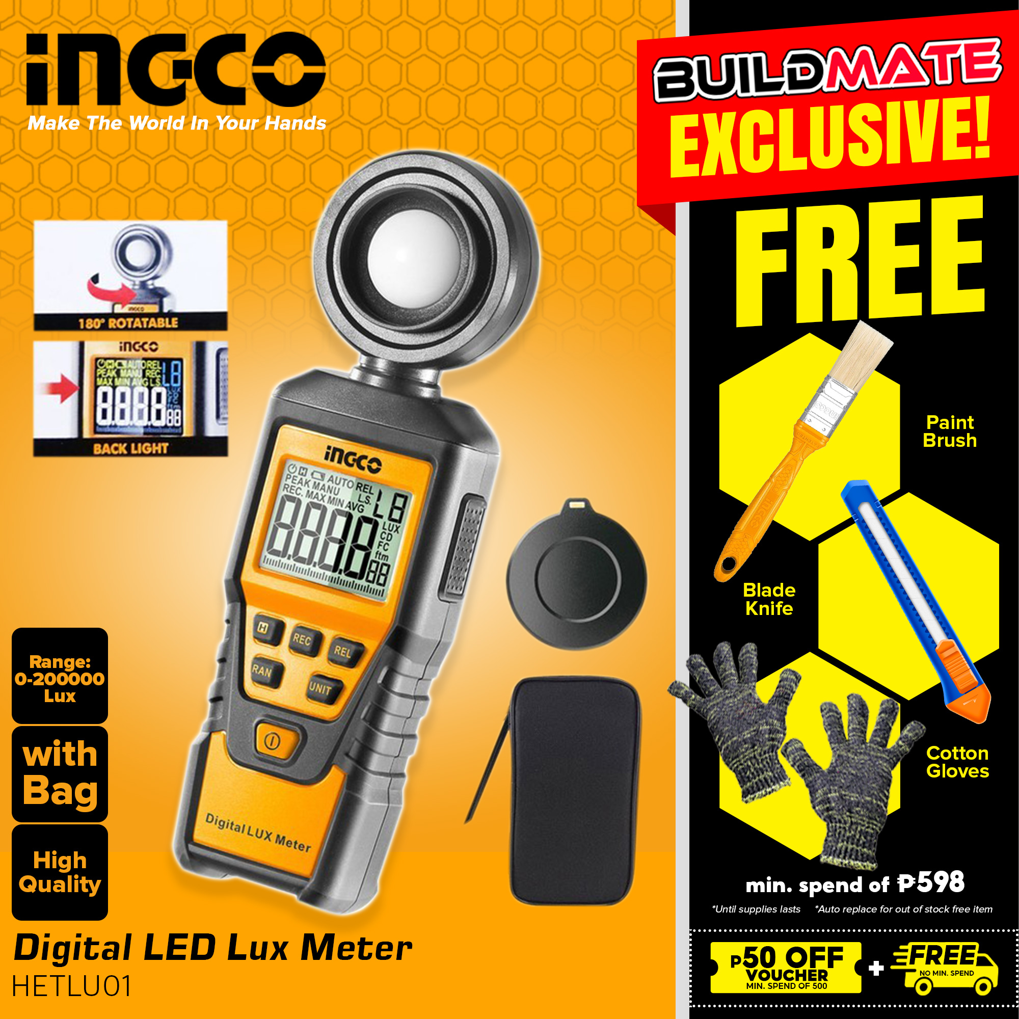 BUILDMATE Ingco Digital LED Lux Meter Luxmeter 0-20000FC Lux Light ...