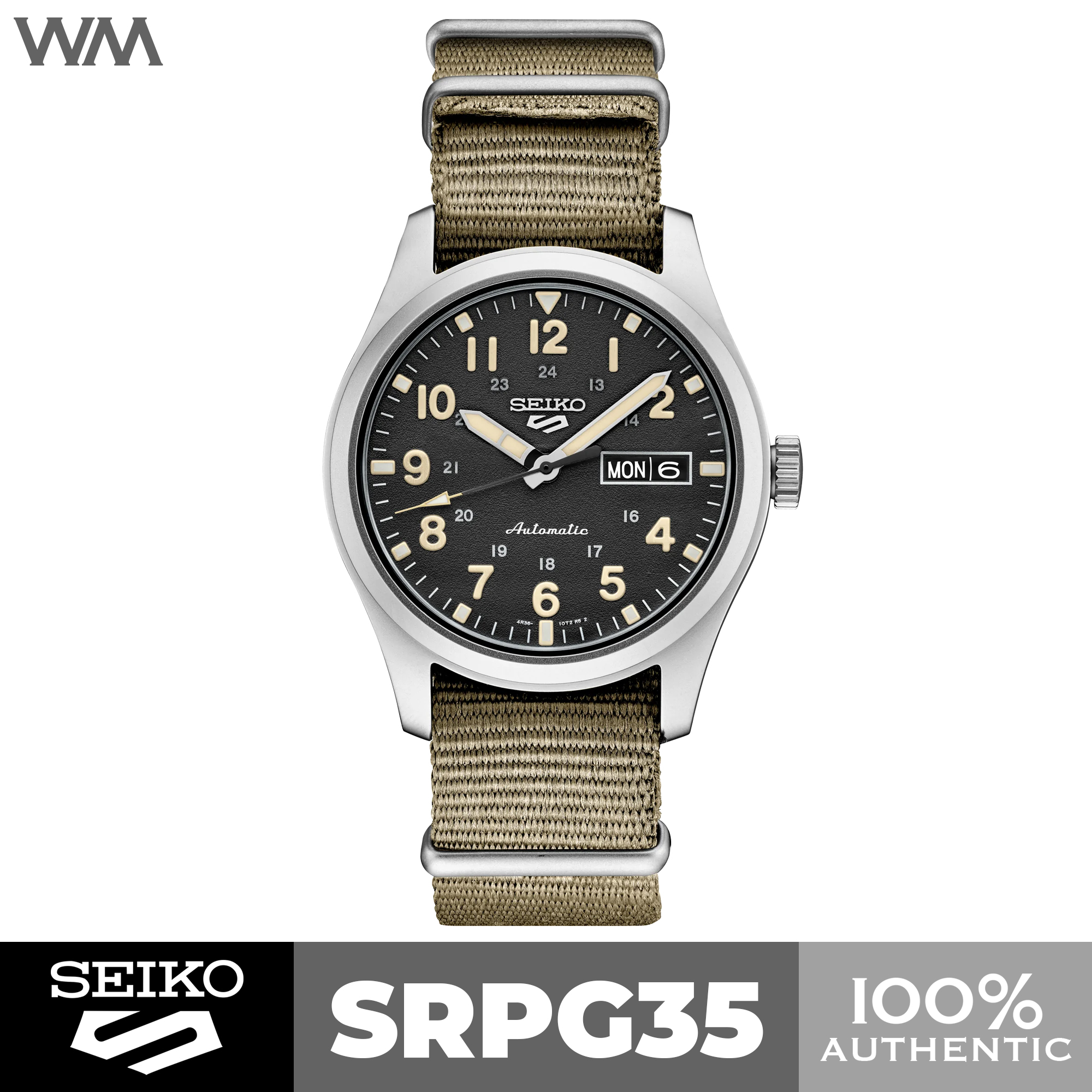 Seiko 5 Sports Grey Dial Field Automatic Watch with Beige Nylon Strap ...