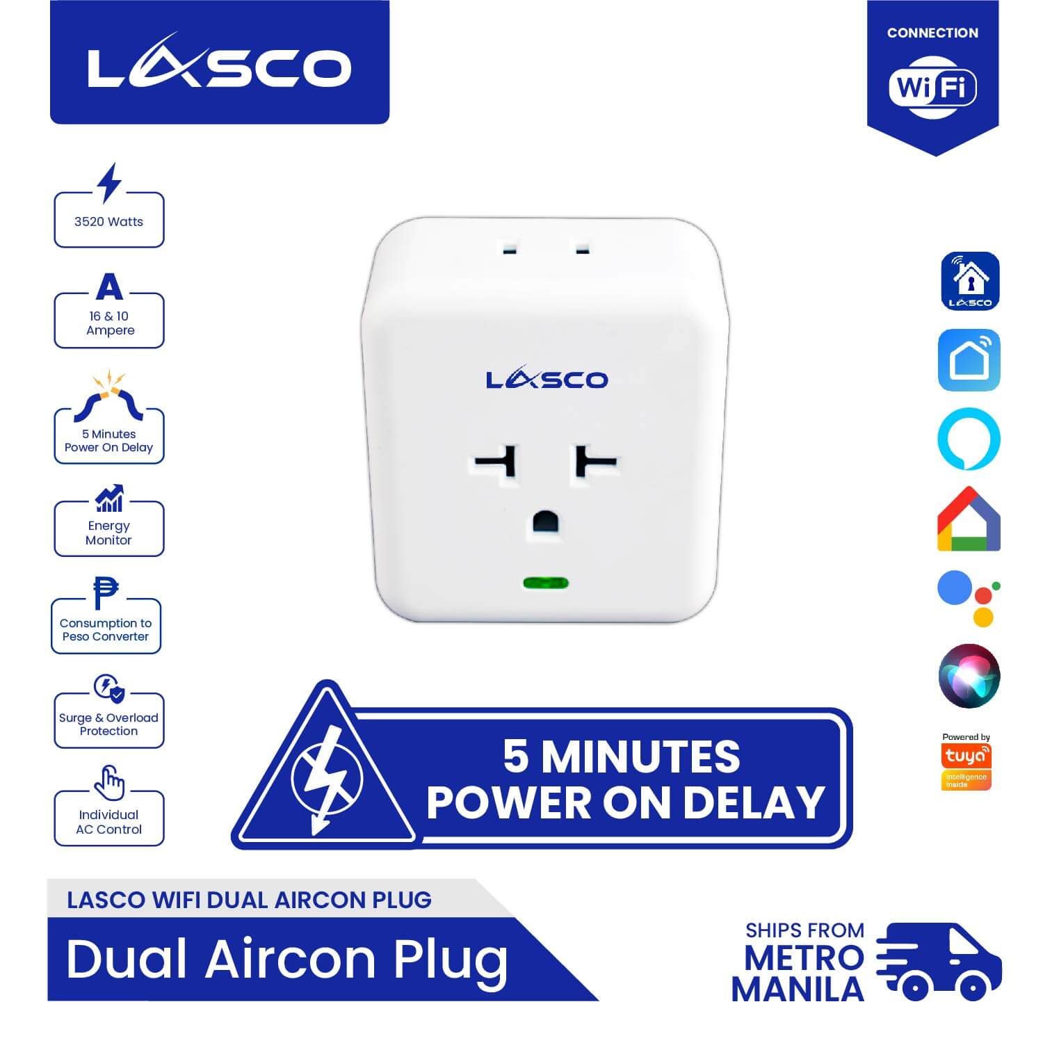 Lasco Wifi Power on Delay Dual Aircon and Fan Plug Smart Socket ...