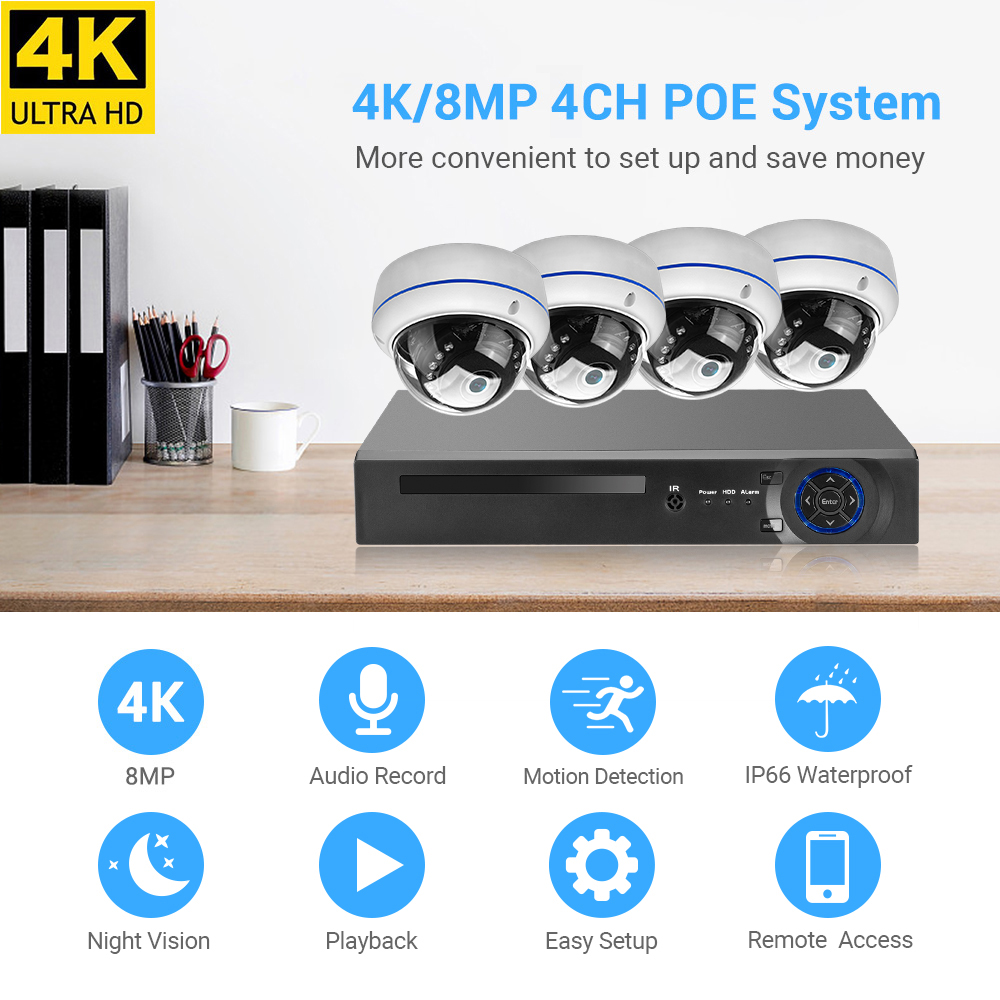 Hamrol 4CH 4K/8MP NVR POE Security Camera System IP66 Waterproof Outdoor IR-CUT CCTV Canera ...