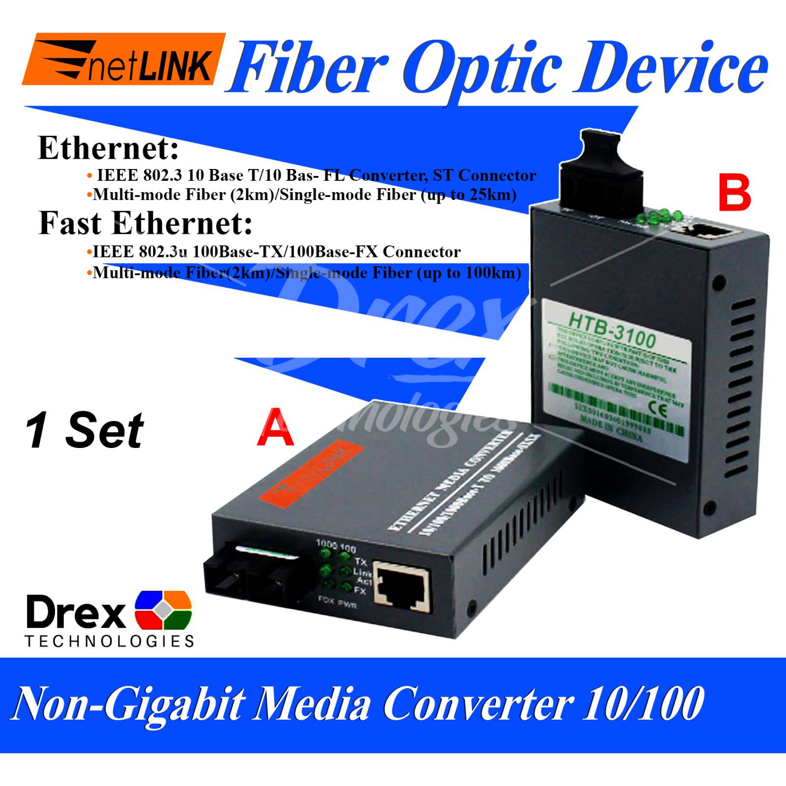 NetLink Media Converter Non Gigabit Pair (A&B) HTB-3100 Fiber Optic ...