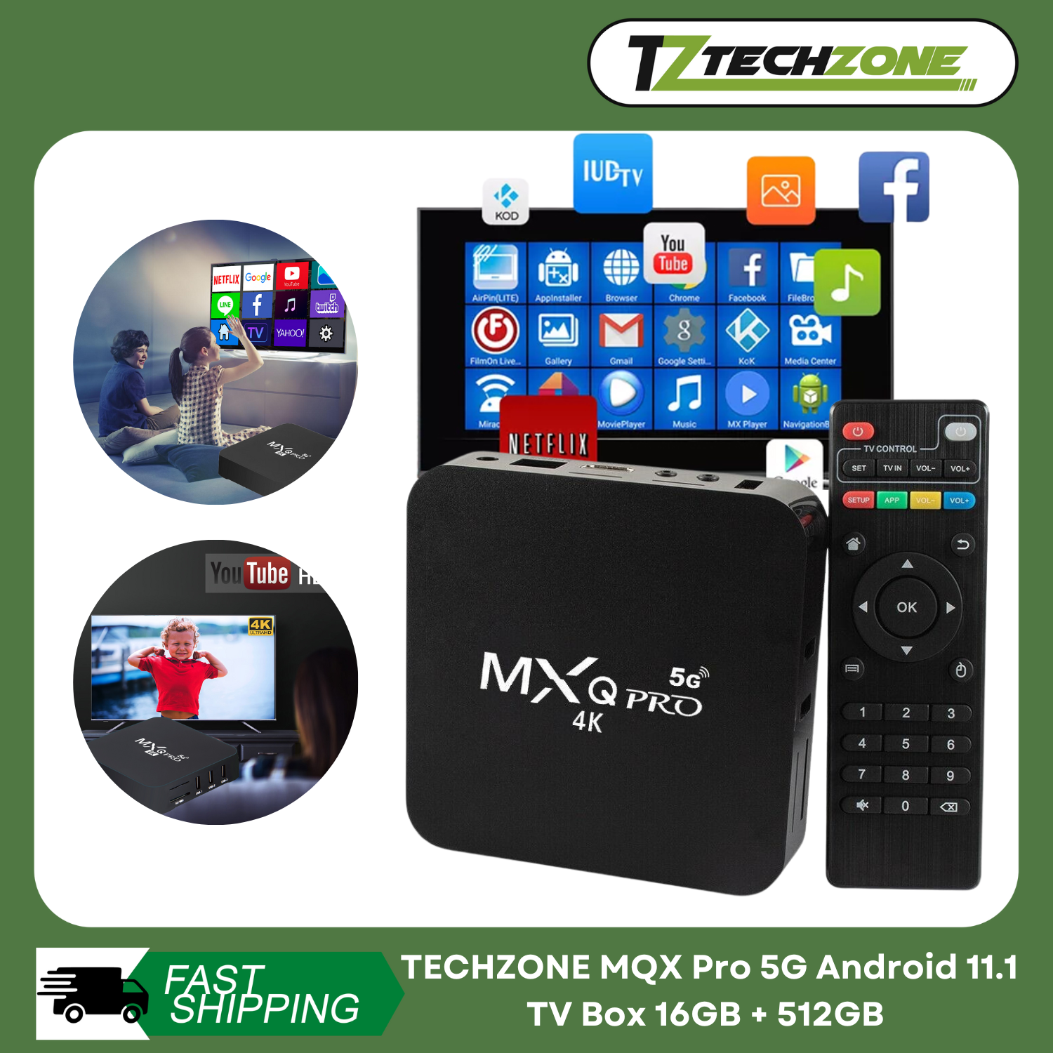 TECHZONE 5G Android 8.1 TV Box 64GB+512GB High Efficiency Video Coding 4K Resolution Wifi ...