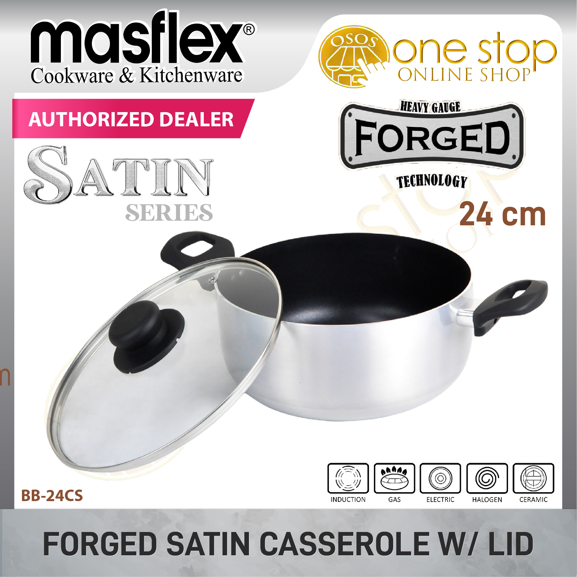 Masflex Original 24cm Aluminum Satin Series Non Stick Induction Casserole With Glass LID BB-24CS ...