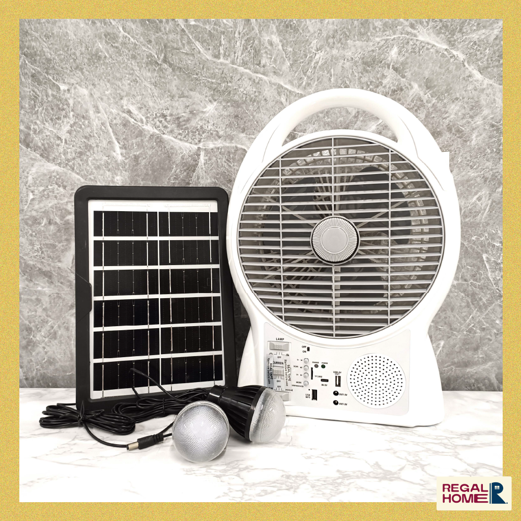 8“ Solar Electric Fan with 2pcs LED Light Bulb rechargeable AC/DC Dual ...
