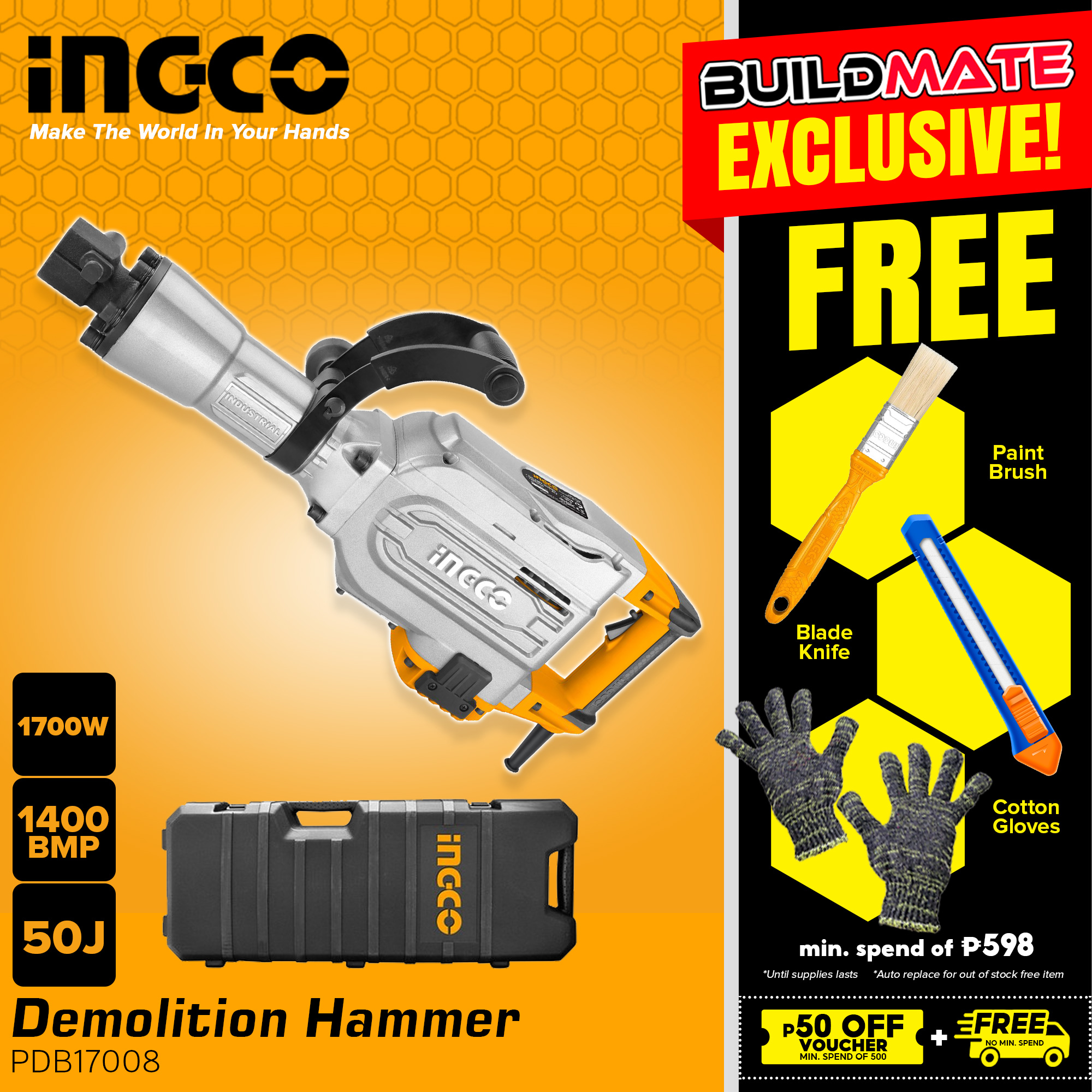 BUILDMATE Ingco 1700W Jack Demolition Hammer Chipping Gun Concrete ...