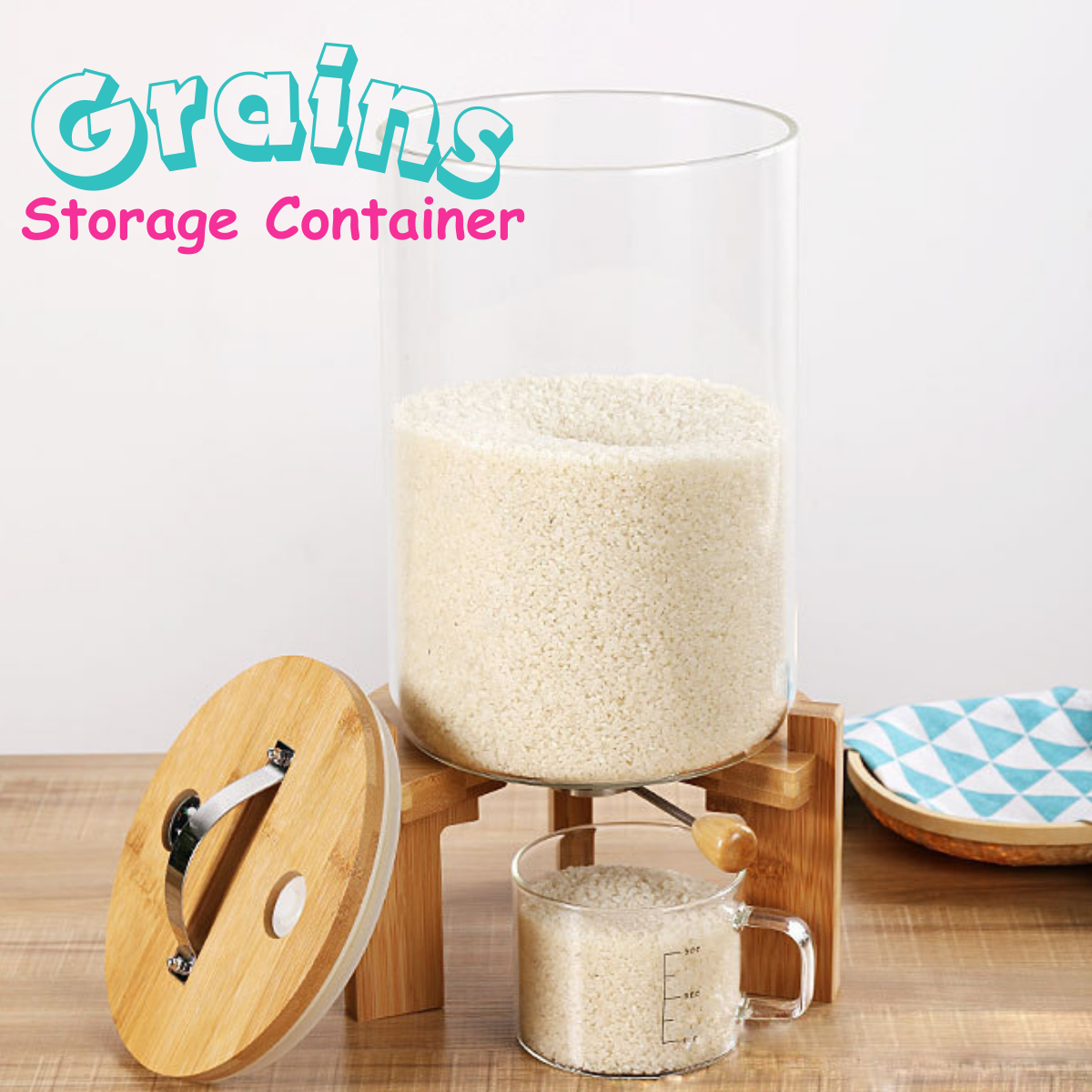 Glass Rice Dispenser with Wooden Stand Grains Cereals Oatmeal Dry Food ...