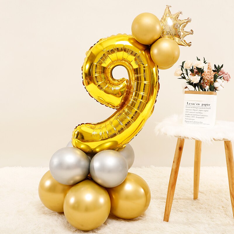 Gold Number Crown Foil Column Balloon 0-9 Birthday Party Baby One Year ...