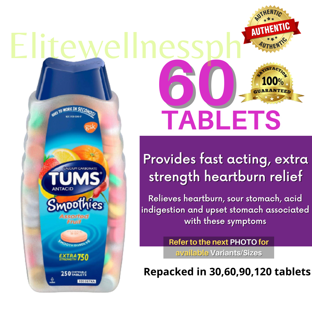 60 Tablets- TUMS Smoothies Assorted Fruit Antacid Chewable Tablets for ...