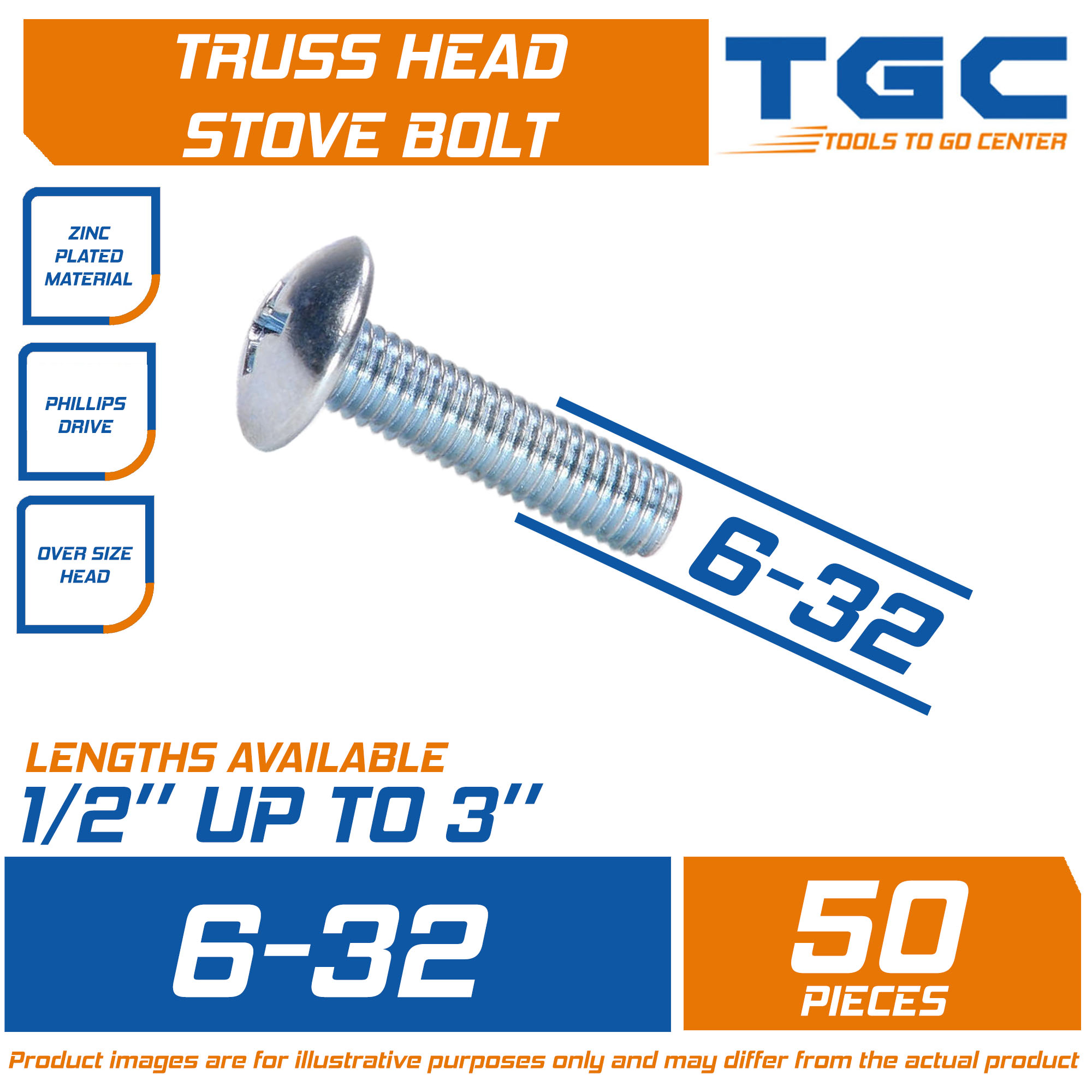 50PCS 6-32 from 3/4 up to 2 inches long Truss Head Bolt GI Galvanized ...