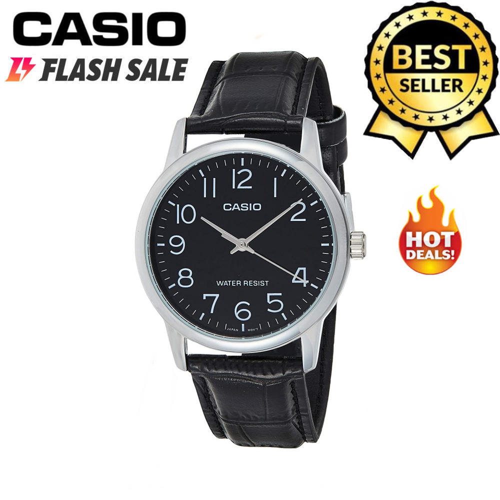 Casio V002 Quartz Numerical All Black Leather Band Watch for Men(Black ...