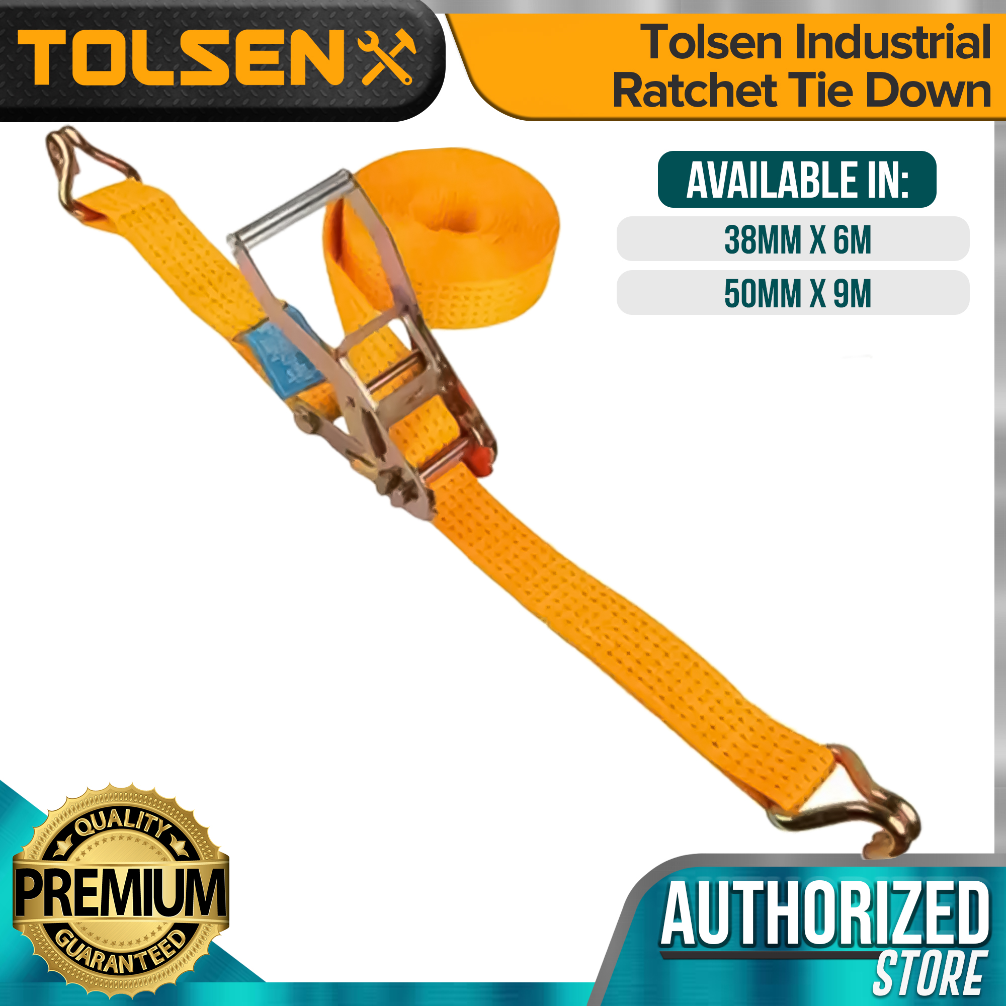 Tolsen Industrial Ratchet Tie Down (38mm x 6M | 50mm x 9M) w/ Double J ...