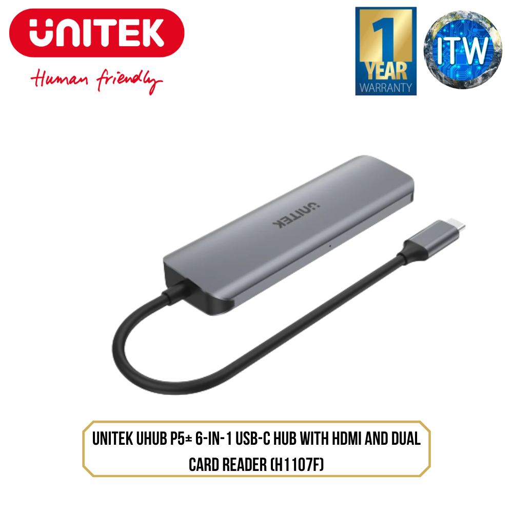 Unitek uHUB P5+ 6-in-1 USB-C Hub with HDMI and Dual Card Reader (H1107F ...