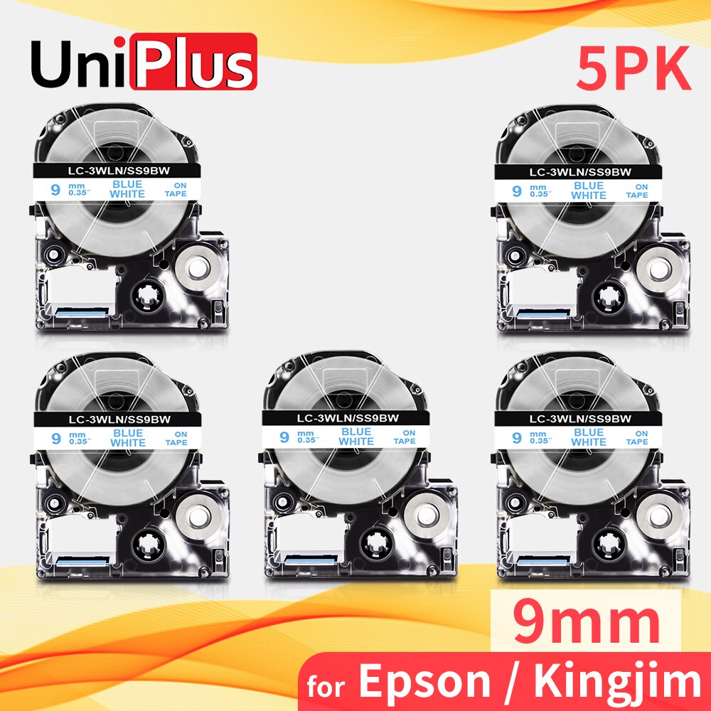 5 Roll 3/8" Labeling Tape Compatible Epson SS9BW Blue on White Label ...