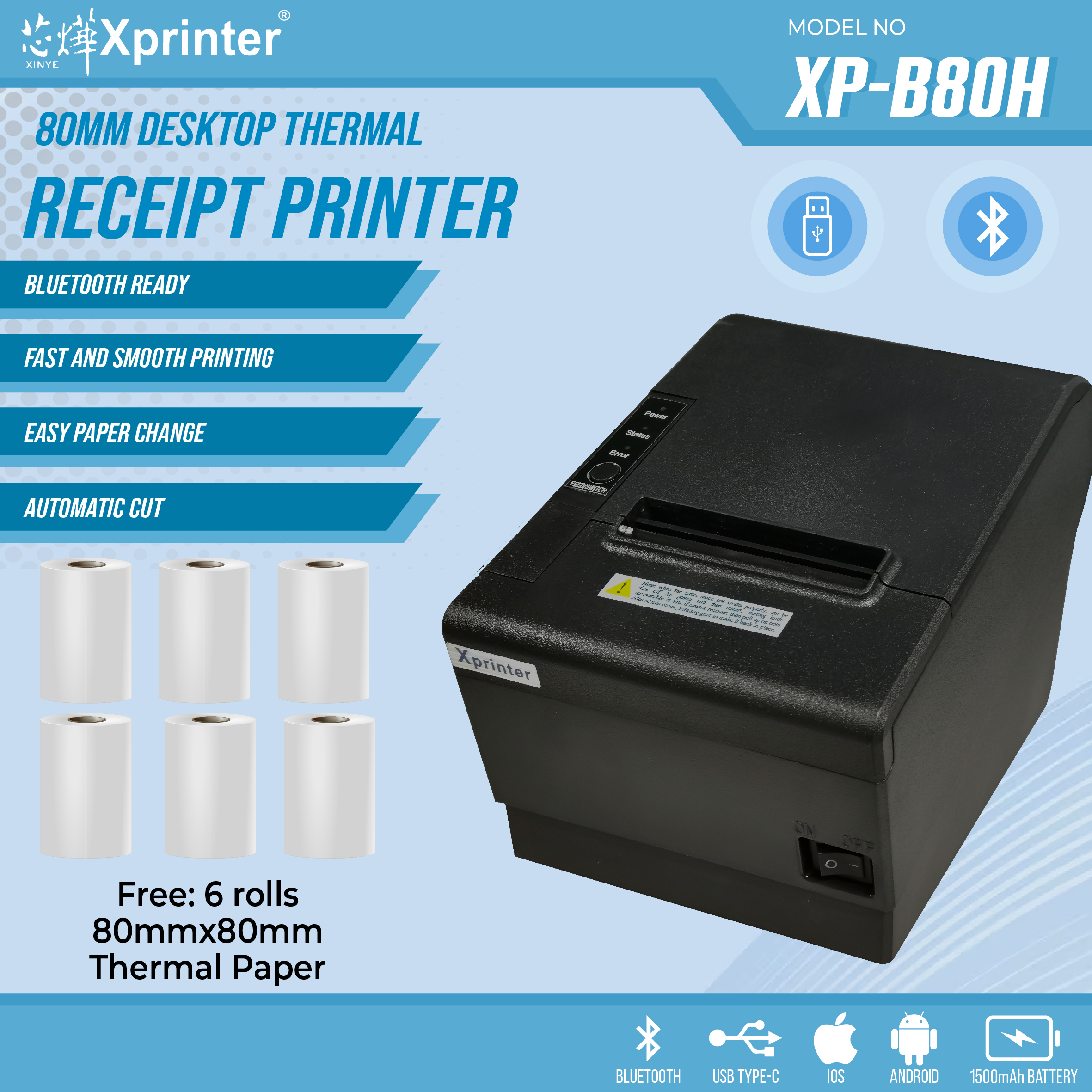 Xprinter XP-B80H BLUETOOTH+USB 80mm Thermal Printer Cash Receipt POS Printer 250mm/s High Speed ...