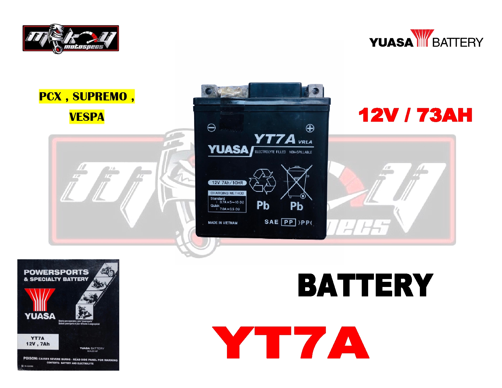 YUASA POWER SPORTS AND SPECIALTY BATTERY YT7A 12V ,7AH (PCX /SUPREMO ...