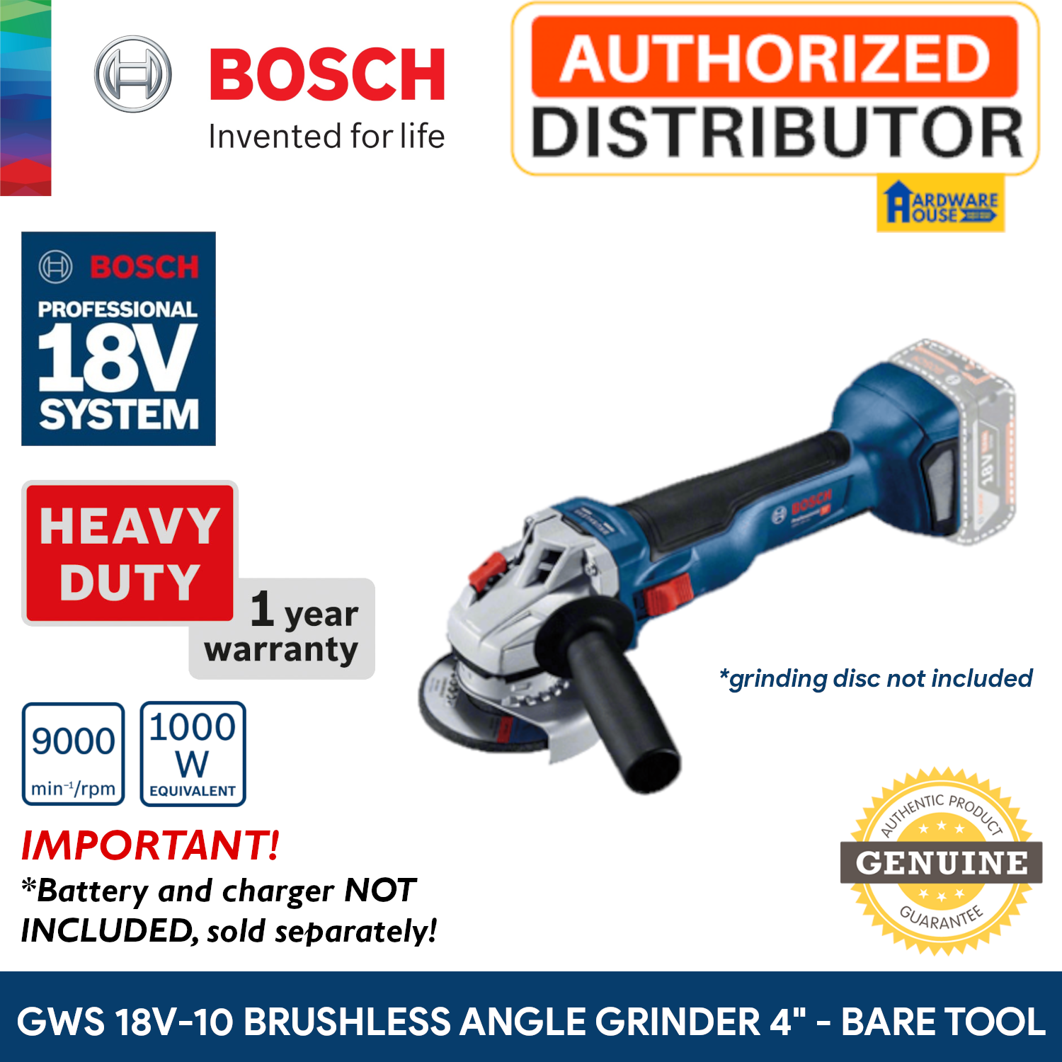 ORIGINAL Bosch 18V Brushless Angle Grinder GWS 18V-10 4" For Wood Metal ...
