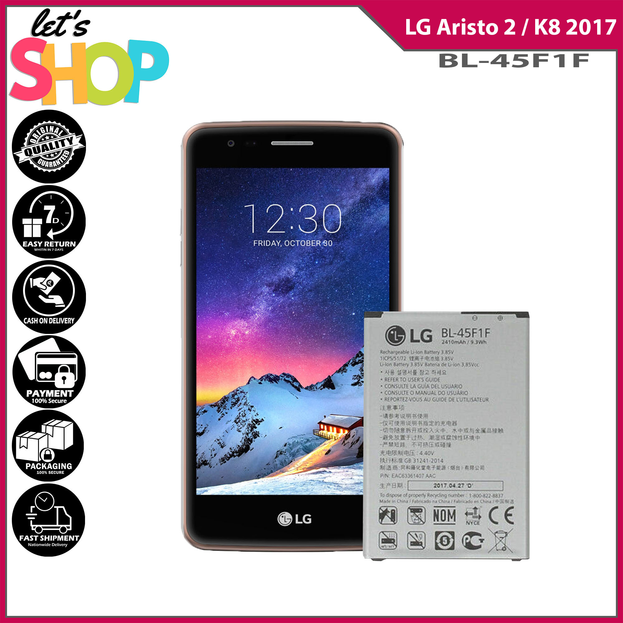 LG Aristo 2, LG K8 2017 BATTERY MODEL BL-45F1F (Lets Shop) Original ...