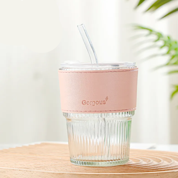 Buyyu 420ml Glass cup with straw Coffee cup tumbler anti-scalding ...