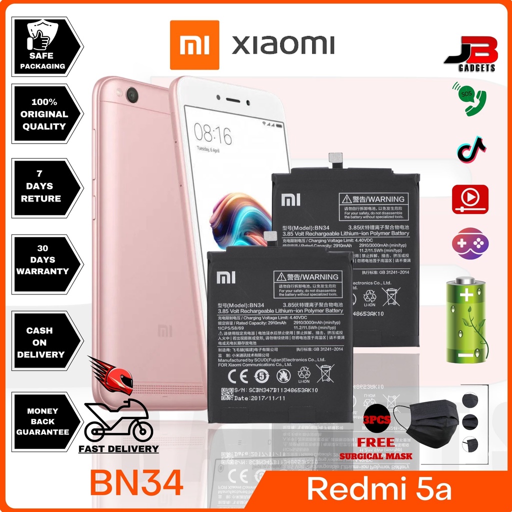 Xiaomi Redmi 5A Battery Model: BN34 (3000mAh) Original Equipment ...