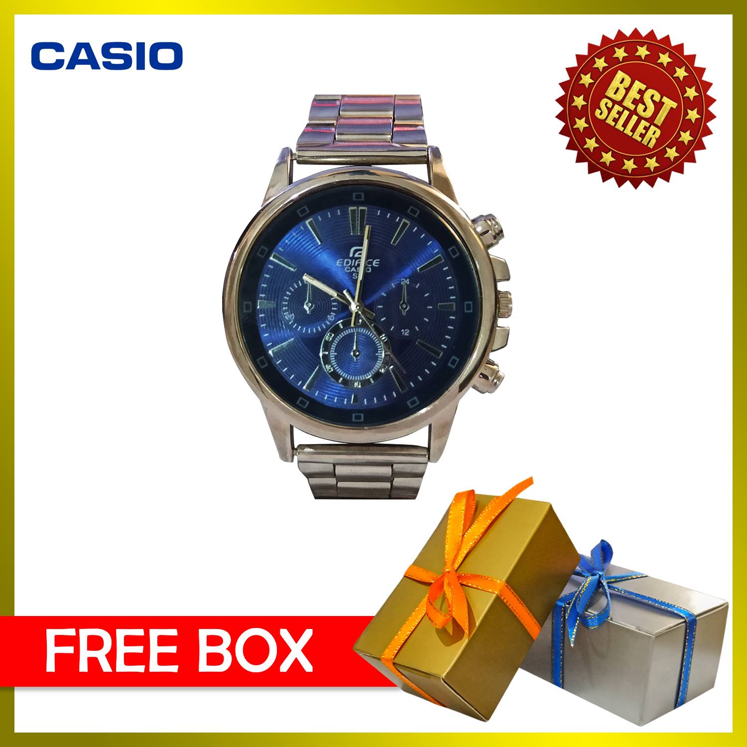 Casio Edifice Silver Blue Dial Tri-Chrono Stainless Steel Watch for Men ...