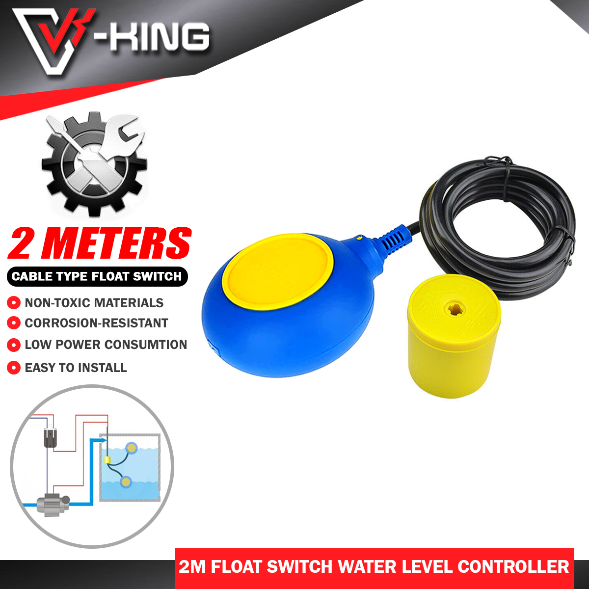 V-KING 2M / 4M Cable Type Float Switch Liquid Fluid Water Level ...