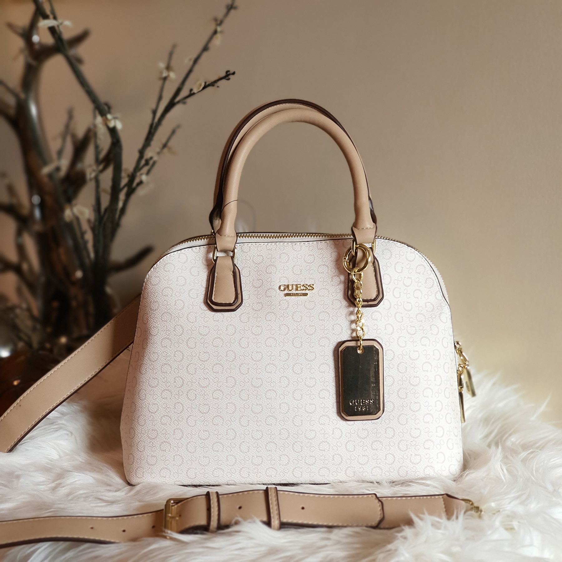 Guess Alia Top Handle Bag in Beige Signature Monogram Faux Leather with ...